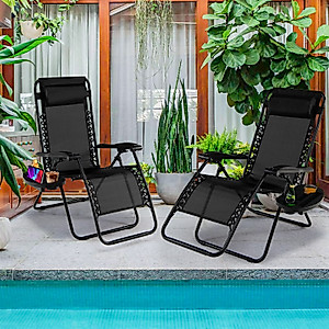 Goplus Zero Gravity Chair, Adjustable Folding Reclining Lounge Chair with Pillow and Cup Holder, Patio Lawn Recliner for Outdoor Indoor Pool Camp Yard (Set of 2, Black)