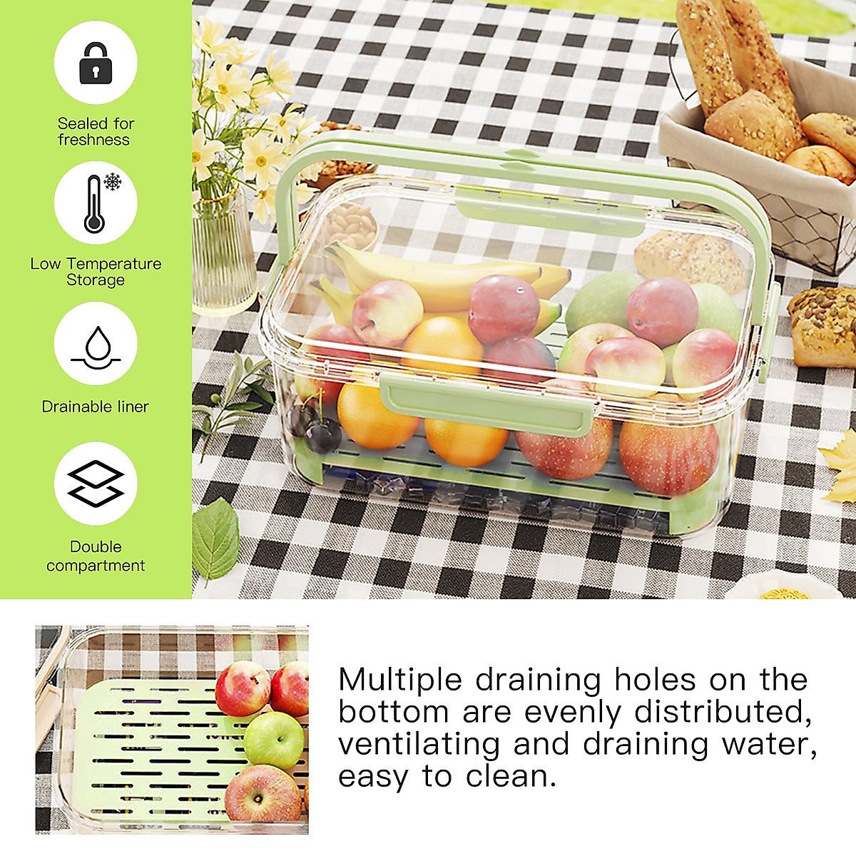 Fruit Storage Berry Keeper Container with Lid and Handle, Portable Food Storage Saver Containers with Ice Pack, for Picnic, Office, Refrigerator, Fridge, Keep Fruit, Vegetable, Meat Fresh (Green)