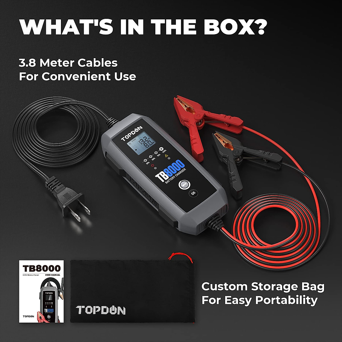 8A/3A/1A Car Battery Charger Automotive with Voltage Detection, 12V/6V TOPDON TB8000 Automatic Battery Maintainer, Lead-Acid & Lithium, LiFePO4 Batteries,Trickle Charger, Float Charger, Storage Bag