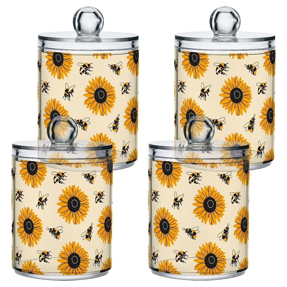 Plastic Jars with Lids,Orange Sunflower Bee Bulk Pack Storage Containers Wide Mouth Airtight Canister Jar for Kitchen Bathroom Farmhouse Makeup Countertop Household,Set 2