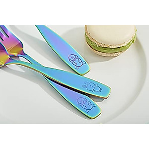 ANNOVA Kids Silverware Children's Safe Flatware Set Stainless Steel - Children Forks, Children Tablespoons, Toddler Utensils, Metal Cutlery Set for LunchBox (Engraved Dog Bunny) (UV Rainbow, 6 Pieces)