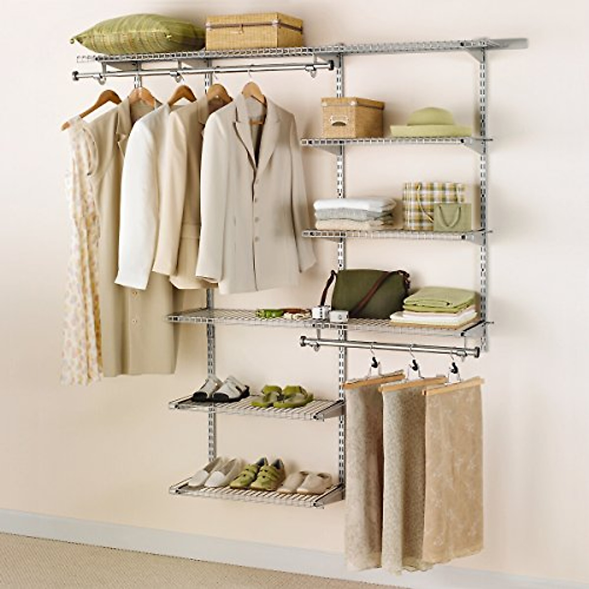 Rubbermaid Configurations Deluxe Custom Closet Kit, 3- to 6-Foot, Titanium, FG3H8800TITNM & Configurations Add-On Shelving and Hanging Clothes Kit, Titanium, 48", FG3H9200TITNM
