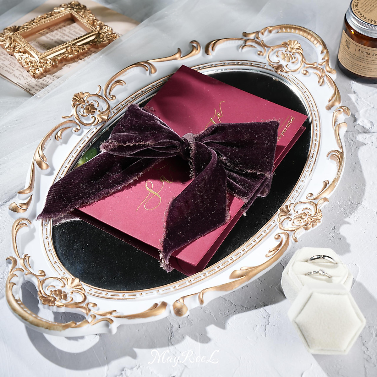 MAYREEL 2 Inch Plum Velvet Ribbon Hand Torn Dark Purple Silk Frayed Edge for Bridal Bouquets Invitations Wedding Vow Books Gift Baskets Hair Bows 3 Yards