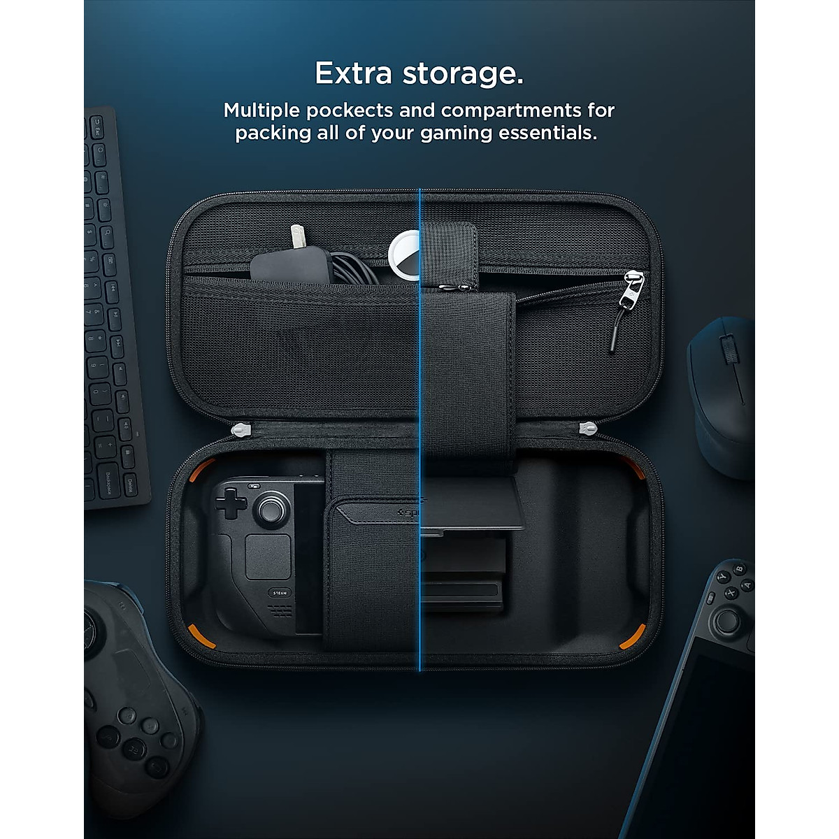Spigen Rugged Armor Pro Designed for Steam Deck LCD (2022) / Steam Deck OLED (2023) Hard Shell Travel Carrying Case with Pockets for Accessories and Original Charger Storage Bag Carry Case - Black