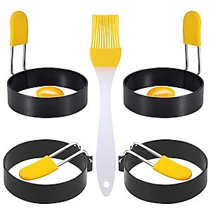 Luckindom Egg Rings, 4 Pack of Nonstick Metal Pancake Cooker Egg Shaper Molds with Silicone Oil Brush, Kitchen Breakfast Cooking Tool for Frying, Shaping Fried Eggs, McMuffin, Omelette(Round)