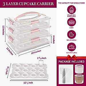 ARC 3-tiers Cupcake Carrier (Pink) - Cupcake Holder and Cake Transport Container that Holds up to 36 Cupcakes or 3 Large Cakes - BPA-Free, Great for Parties & Festivals