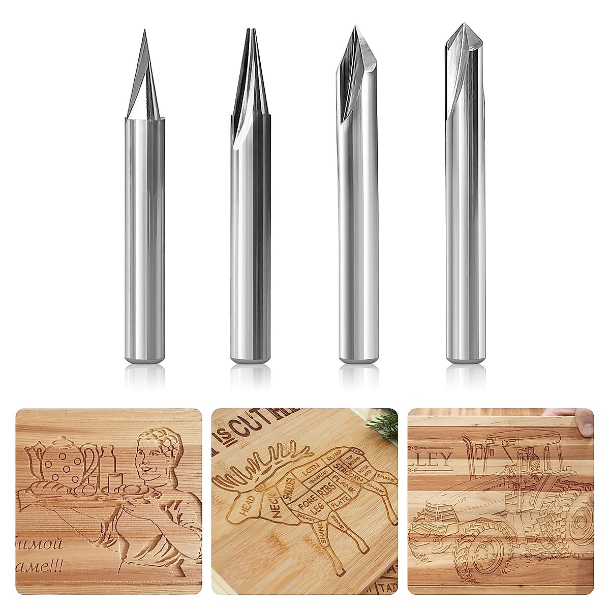 SILIVN Engraving CNC Wood Carving Router Bit 1/4 Shank 15°/20°/60°/90° Engraving Bits, 2 Flutes Straight CNC V-bit Tungsten Steel Marking Conical Engraving Router Tool