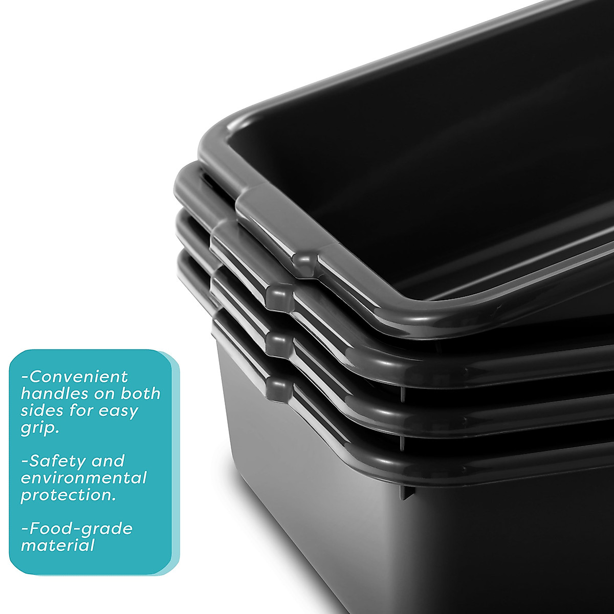 Commercial Bus Tubs/Dishwashing Tubs, 13L Plastic Restaurant Basin, Utility Tub/Tote Box Set of 4, Black