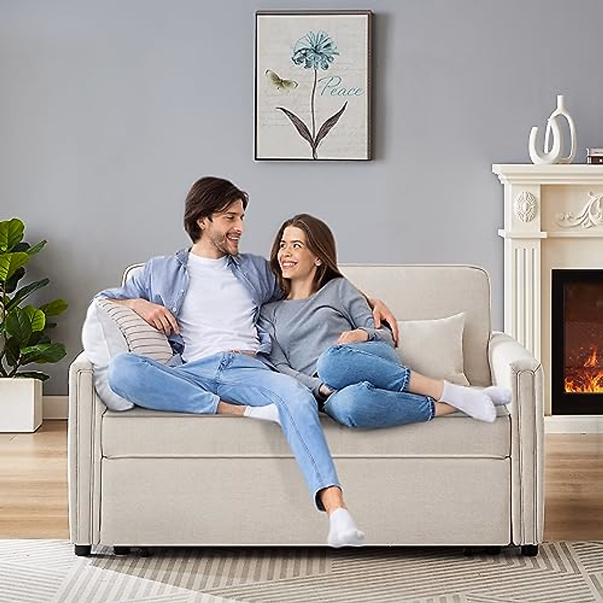 JEEOHEY 3-in-1 Convertible Sleeper Sofa Bed,54" Modern Linen Pull Out Couch Bed Futon Chair with Adjustable Backrest&Pillows,Furniture for Living Room Apartment Small Space,Beige