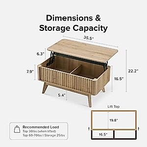 mopio Brooklyn Mid-Century Modern Lift Top Coffee Table, Waveform Panel with Hidden Storage, Sleek Curved Profile Lift Tabletop Dining Table (Golden Oak, Coffee Table)