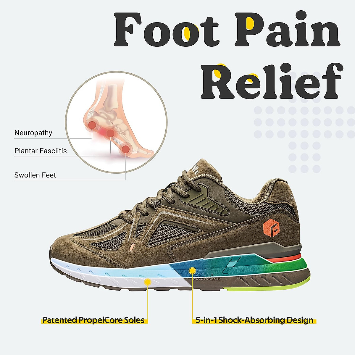 FitVille Wide Walking Shoes for Men Wide Width Sneakers for Flat Feet Arch Fit Heel Pain Relief - Rebound Core (10 Wide, Army Green)