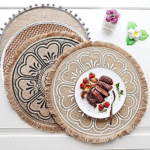Round Burlap Woven Placemats Set of 6 15-Inch Jute Table Mats with Fringe Pompom Reusable Boho Farmhouse Rustic Place Mats for Parties Weddings Holiday Farmhouse Coffee Bar Decor (Style 5)