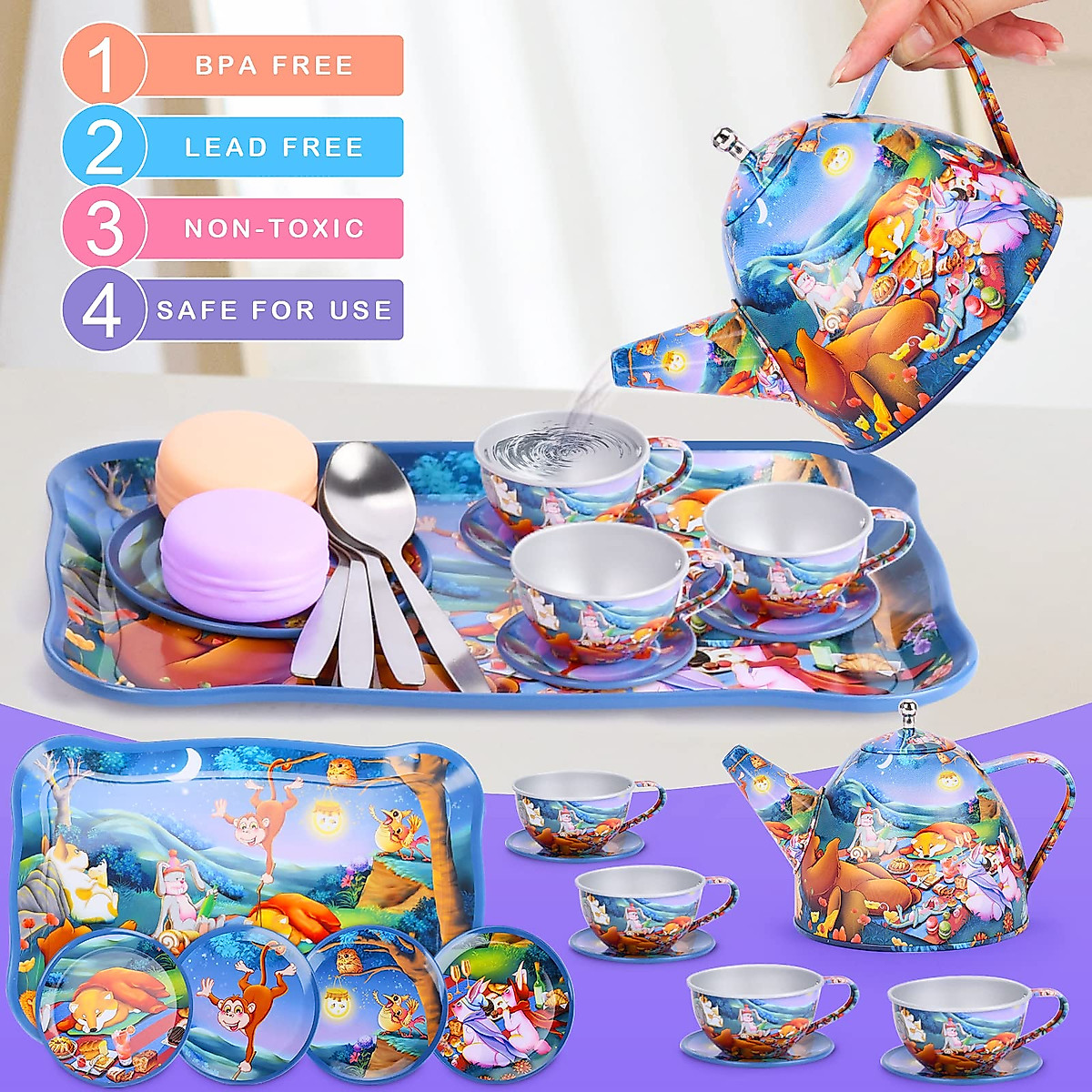 SIVEIS Tea Party Set for Little Girls Boys, 36pcs Kids Tea Toy Set for 3-8 Years Old Afternoon Tea Time, Include Blue Forest Animal Party Pattern Tin Teapot & Cup with Spoon, Dessert Tower,Play Food