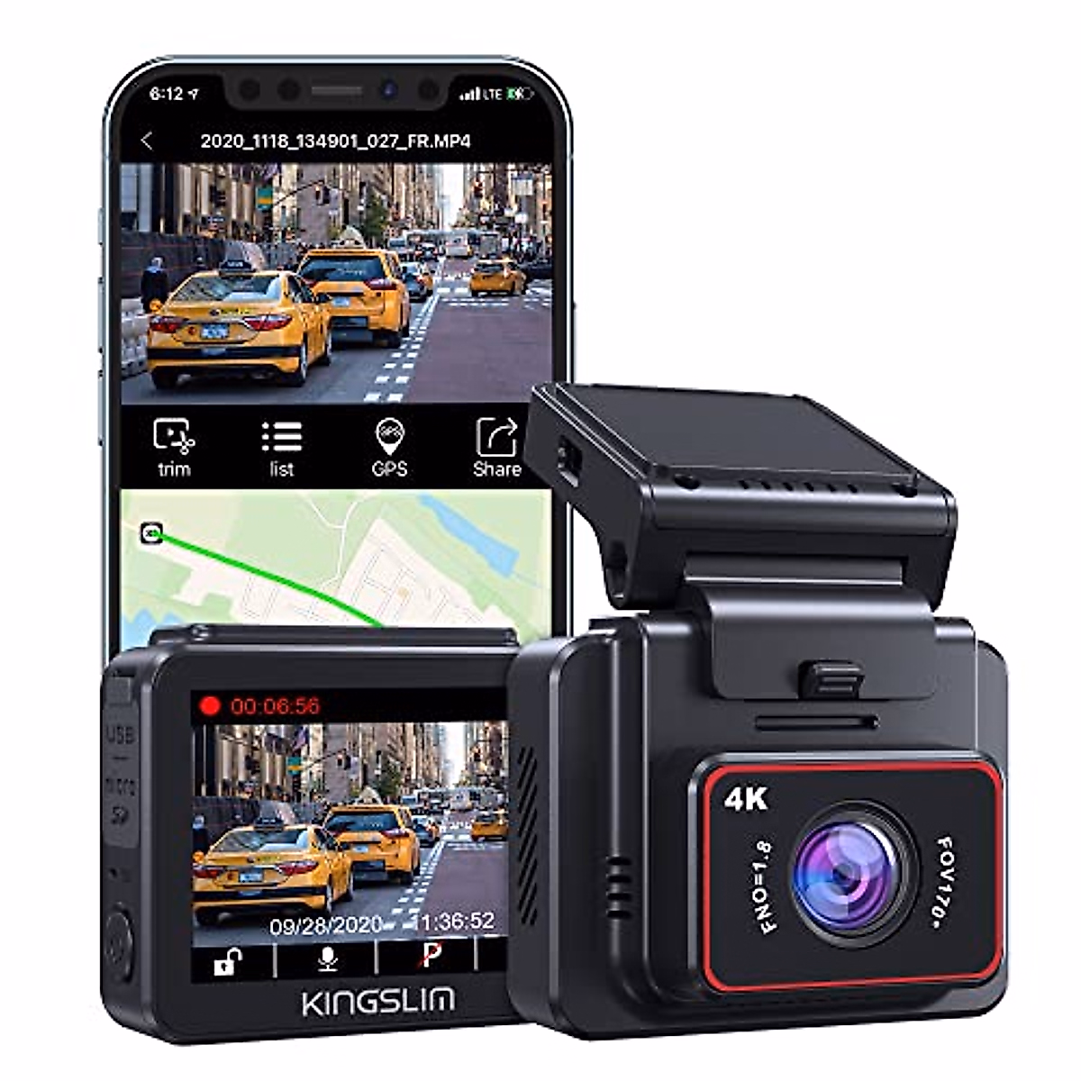 Kingslim D5-4K Dash Cam with WiFi - Front Dash Camera for Cars with GPS and Speed, Sony Night Vision, Support APP and 256GB Max