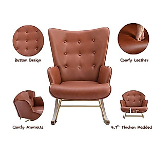 CIMOTA Leather Rocking Chair Nursery, Modern Armchair Tufted Wingback Comfy Rocker Chair with Thick Padded Seat for Nursery/Bedroom/Living Room, Faux Leather Retro Brown