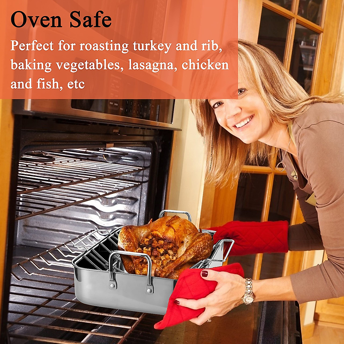 WEZVIX Stainless Steel Roasting Pan with Rack, 16.5 Inch Rectangular Turkey Roaster Lasagna Pan for Roasting Turkey, Chicken, Meat & Vegetables, Non-toxic & Heavy Duty, Easy Clean & Dishwasher Safe