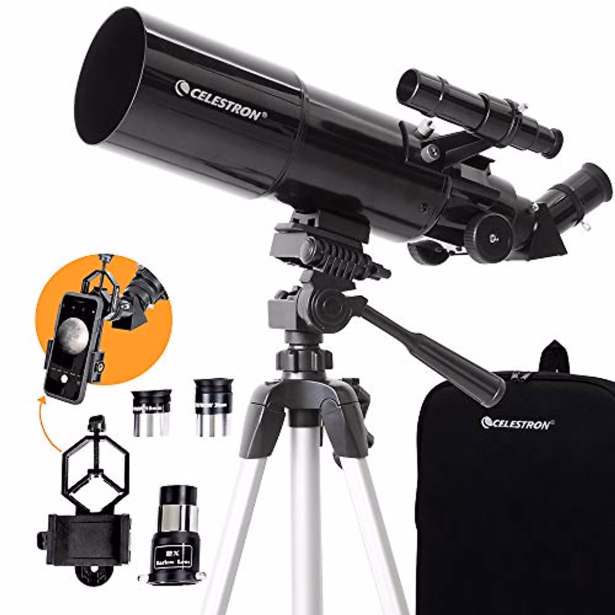 Celestron - 80mm Travel Scope - Portable Refractor Telescope - Bonus Astronomy Software Package - Digiscoping Smartphone Adapter & LensPen - Optics Cleaning Tool, Black (93575)
