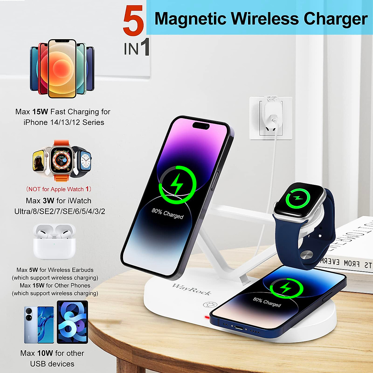 5 in 1 Magnetic Charging Station 35W, WayRock Wireless Charger Stand for iPhone 14 13 12 Pro Max/Plus/Pro/Mini/Airpods/iWatch Series, Fast Charger with Night Light for Travel Gift
