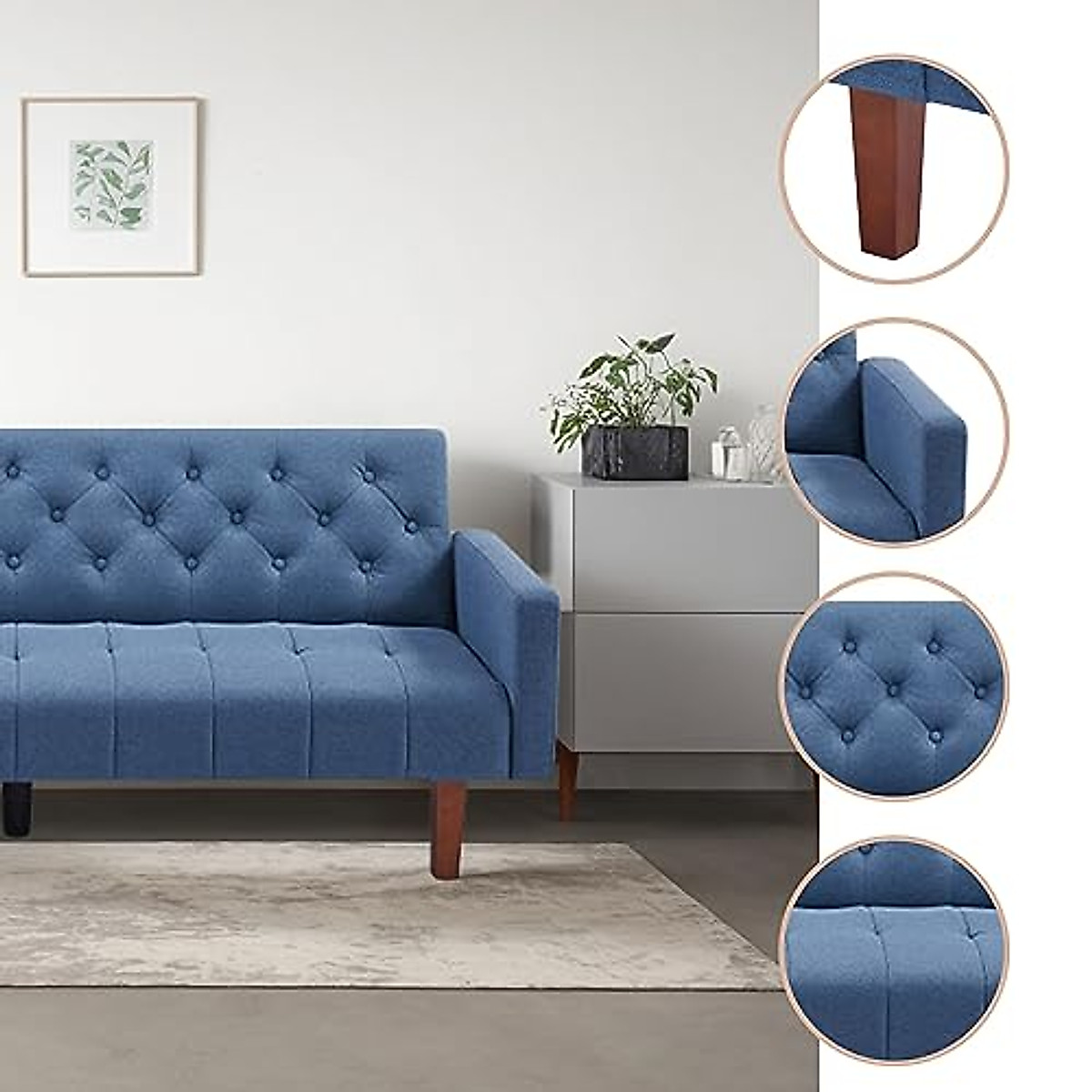 Fangflower Blue Tufted Back Sofa Bed Mid-Century Convertible Sleeper Futon with Tapered Wood Legs for Living Room Apartment Lounge