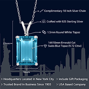 Gem Stone King 925 Silver Swiss Blue Topaz and White Topaz Pendant Necklace For Women (9.72 Cttw, Gemstone November Birthstone, Emerald Cut 14X10MM, with 18 Inch Silver Chain)