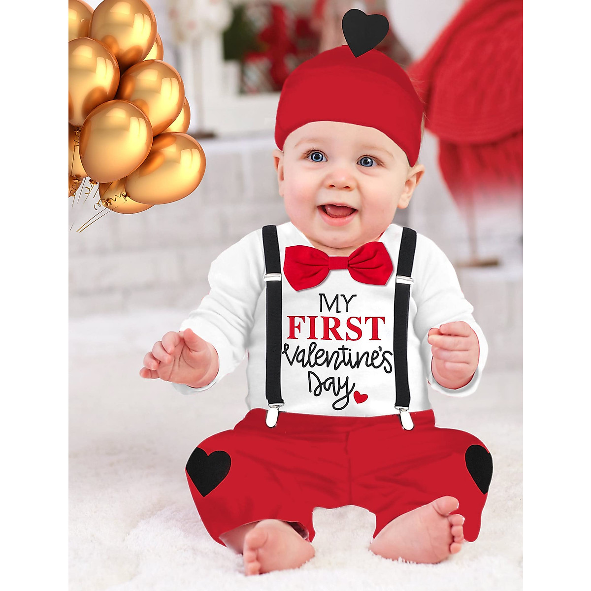 Baby Boy Valentines Day Outfit, Cute Letter Printed Long Sleeve Romper with Bow Tie + Pants + Hat 3Pcs Set