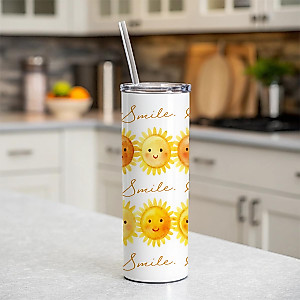 Sip Smile Shine Smiling Suns Inspirational Skinny Tumbler 20oz with Straw Insulated Water Bottle Gift