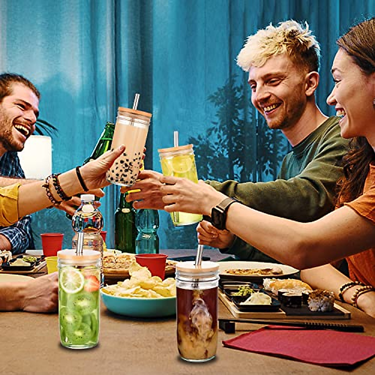 MOHARY [ 4 Pack ] Glass Cups Set - 24oz Mason Jar Drinking Glasses with Bamboo Lids & Straws & 2 Airtight Lids & 2 hole Lids - Cute Reusable Boba Bottle, Travel Tumbler for Tea, smoothie