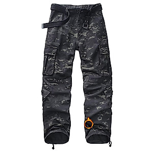 GSGGIG Men's Fleece Lined Camo Hiking Tactical Ripstop Pants Winter Outdoor Work Cargo Pants with 8Pockets No Belt JR55 Black CP CAMO 32