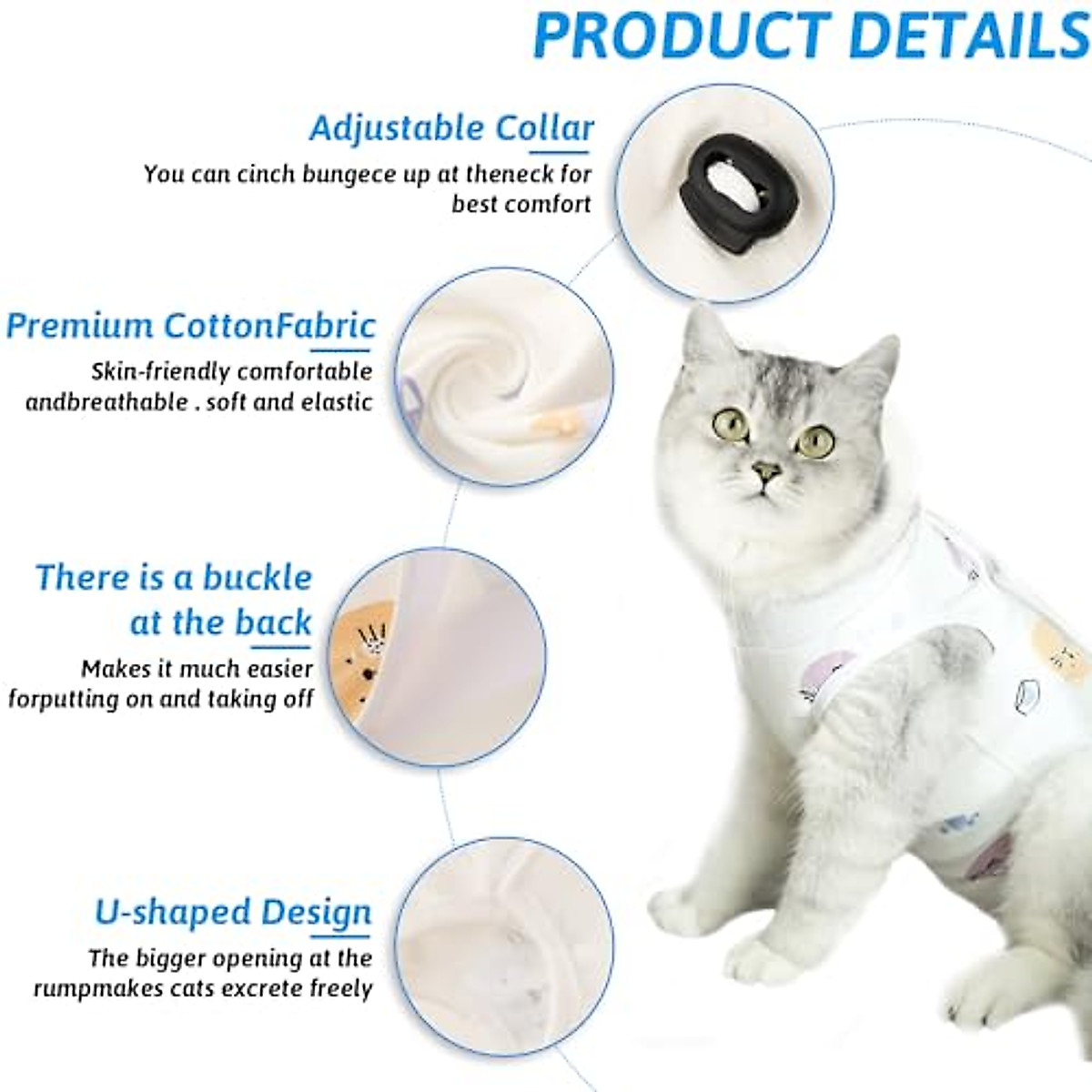 WLLHYF Cat Surgery Recovery Suit, Breathable Kitten Onesie Full Bodysuit Clothes, Post Neuter Surgery Spay Cone Anti Licking, Abdominal Wound Protector for Small Male Female Pets (Large)