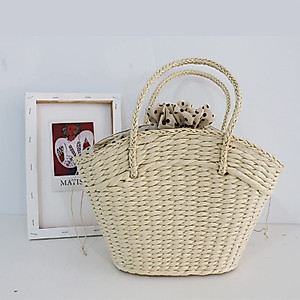 rismart Women Summer Beach handbag Handmade Straw Tote Bag for Vacation Picnic Daily Beige