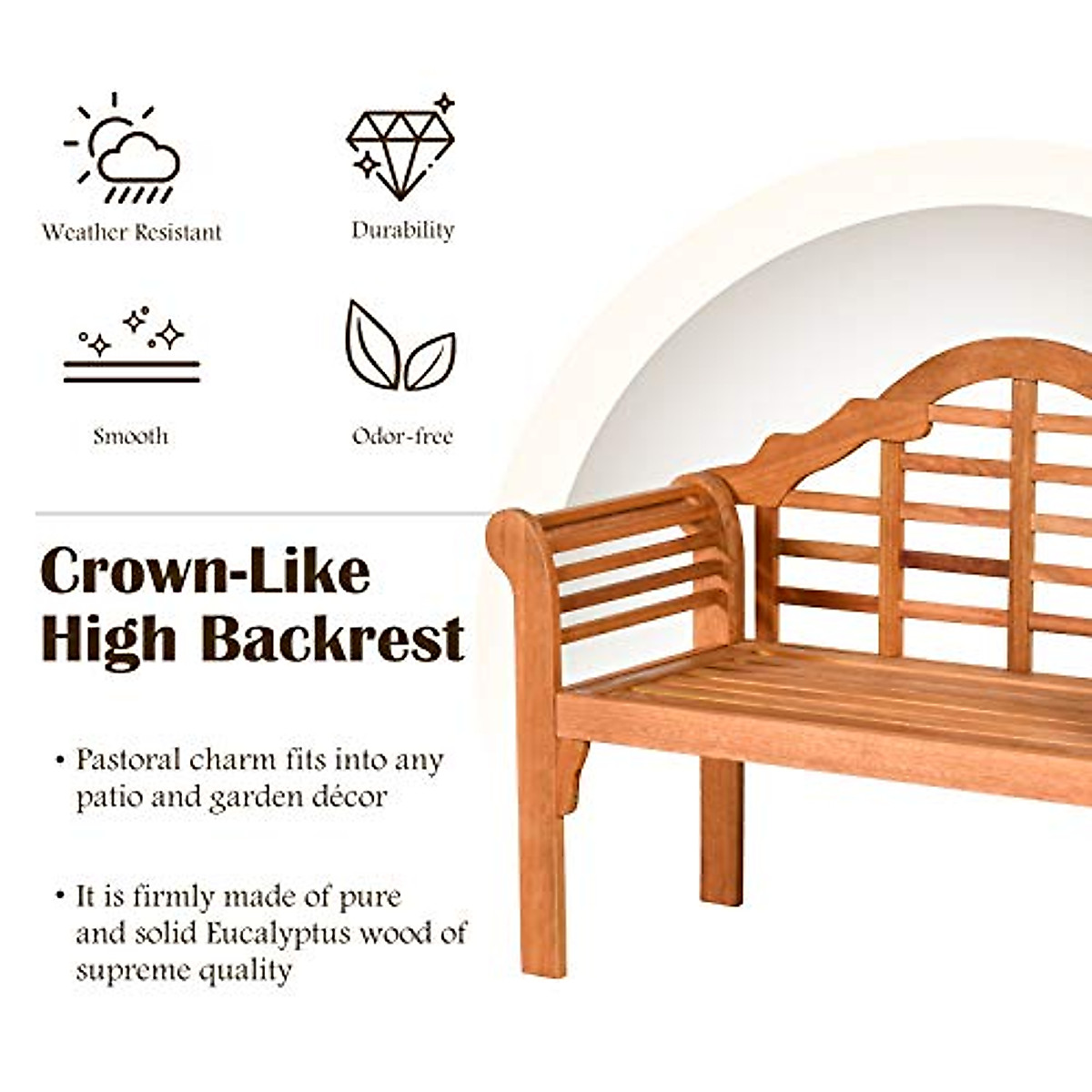 RELAX4LIFE Wooden Garden Bench for Outdoors & Indoor Patio Foldable Bench 4 Ft with Crown-Like Backrest and Curved Armrest Poolside, Porch, Balcony, Garden Eucalyptus Two Person Loveseat Chair