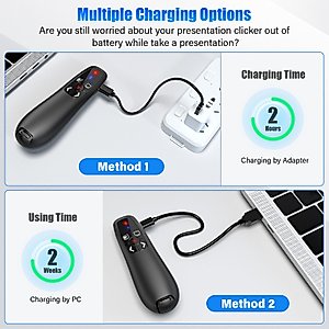 2-in-1 USB Type C Presentation Clicker, Clicker for PowerPoint Presentations, Rechargeable Wireless Presenter Remote, Pointer RF 2.4GHz USB PowerPoint Clicker Slide Advancer with Volume Control