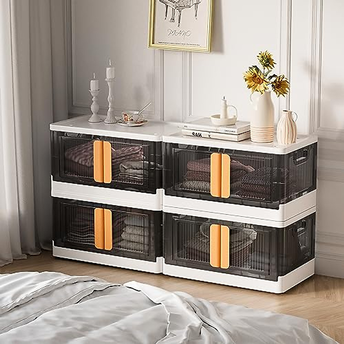 YESHOMY Storage Bins with Lids, 8.4 Gal Clear Plastic Collapsible Containers, Equipped with Door, Stackable Storage Box with Latching Buckles & Wheel, Organizer for Clothes, Toys, Foods, 4 Pack