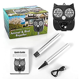 Animal Repellent Outdoor Solar Powered, Jahy2Tech Waterproof Ultrasonic Repeller, Motion Sensor, Flashing Lights, Alarm Horn for Vole Rat Mouse Cat Dog Rodent Bird Squirrel Deer (Black)