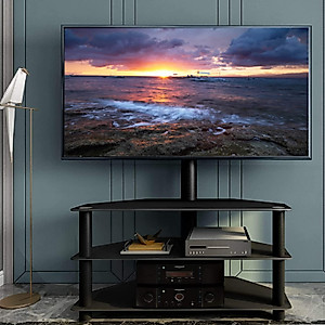 Swivel Corner Floor TV Stand with Mount for 32 37 43 47 50 55 60 65 inch Flat Curved Screen TVs, Adjustable 3-Tier Tempered Glass Storage Television Stand with Cable Management, Max VESA 600X400mm