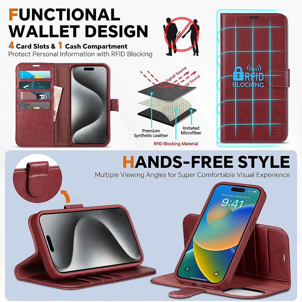 TUCCH Wallet Case for iPhone 15 Pro Max, [Removable] Stand RFID Blocking 4 Card Slots Wireless Charging Protective Case, 2-in-1 Detachable PU Leather Folio Compatible with iPhone 15 Pro Max, Dark Red
