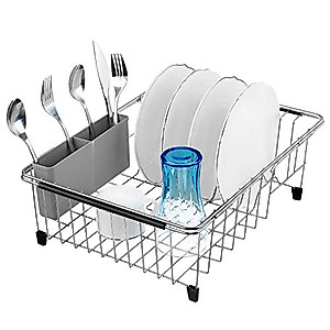 iPEGTOP Expandable Deep & Large Dish Drying Rack, Over The Sink, in Sink Or On Counter Dish Drainer Basket Shelf with Grey Removable Utensil Silverware Holder, Rustproof Stainless Steel