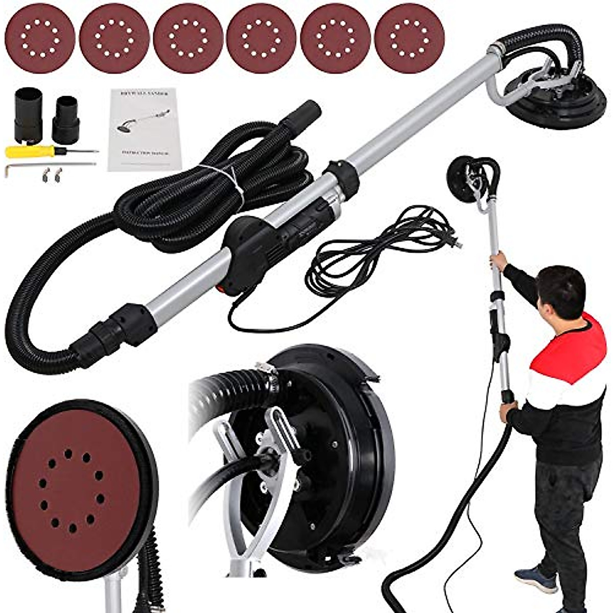 HomGarden 800W Drywall Sander Drywall Vacuum Adjustable Electric Variable Speed Foldable Sander w/6 Sand Pads