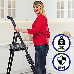 Step Ladder 4 Step Folding, Decorative - Modern Beautiful Grey Aluminum, Ultra Slim Profile, Anti Slip Steps, Sturdy-Portable for Home, Office, Kitchen, Photography Use,by SORFEY