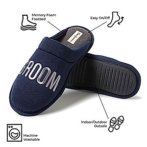 Dearfoams Men's Groomsmen Giftable Wedding Day Scuff Slipper, Groom Crew Navy, Medium
