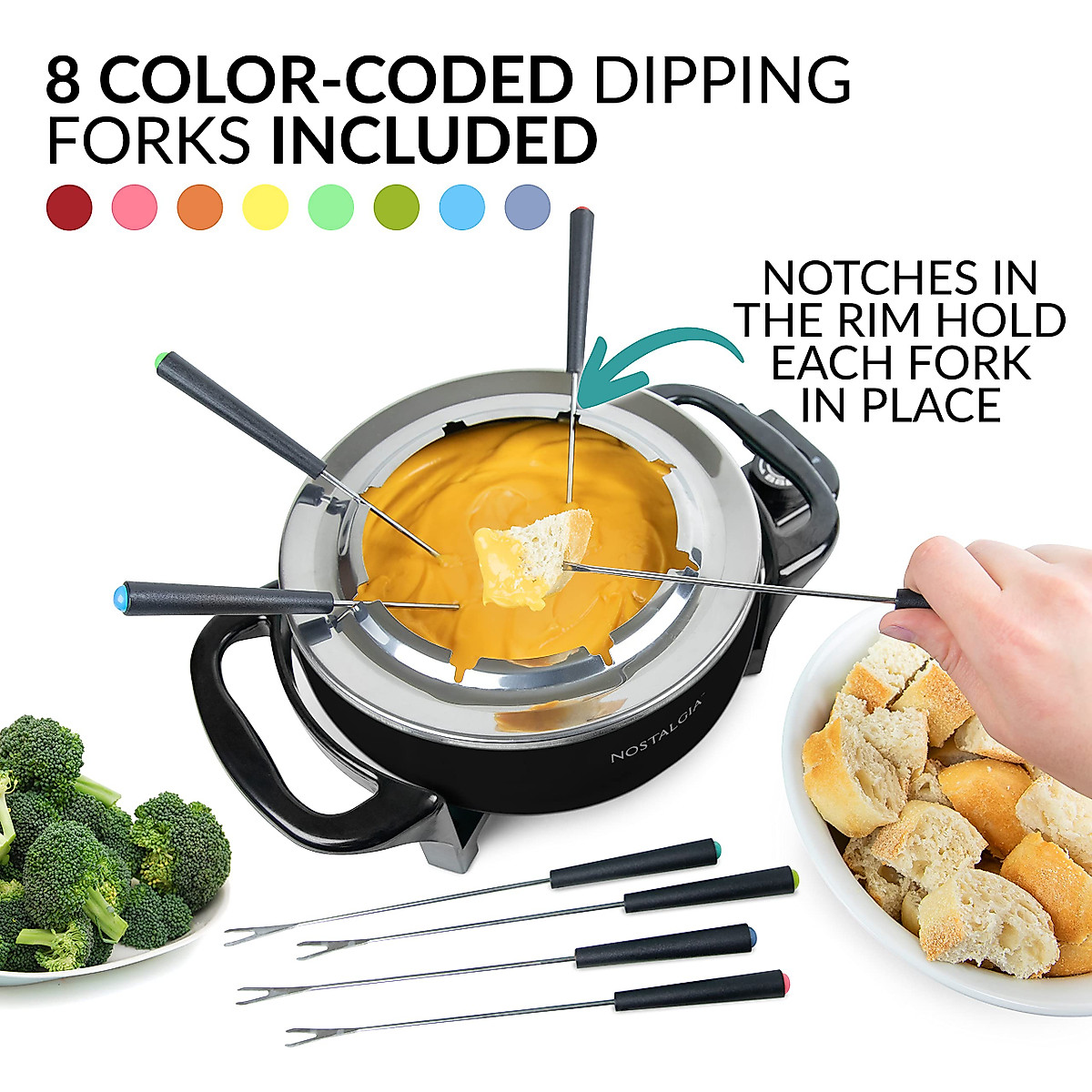 Nostalgia 12-Cup Electric Fondue Pot Set for Cheese & Chocolate - 8 Color-Coded Forks, Adjustable Temperature Control - Stylish Serving for Hors d'Oeuvres, Entrees, and Desserts - Black