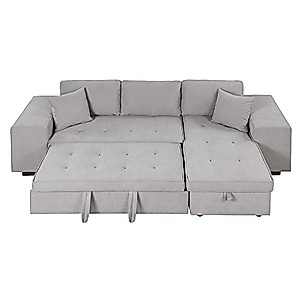 BIADNBZ 104" Sectional Sofa Sleeper with Pull Out Bed and Storage Chaise Lounge, Modern L-Shape Couch Linen SofaBed w/2 Stools for Living Room, Gray