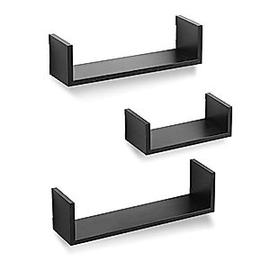 Americanflat Black Floating Shelves - Set of 3 - U Shaped Wall Mounted Display Ledges for Bedroom, Living Room, Bathroom, Kitchen, and Office