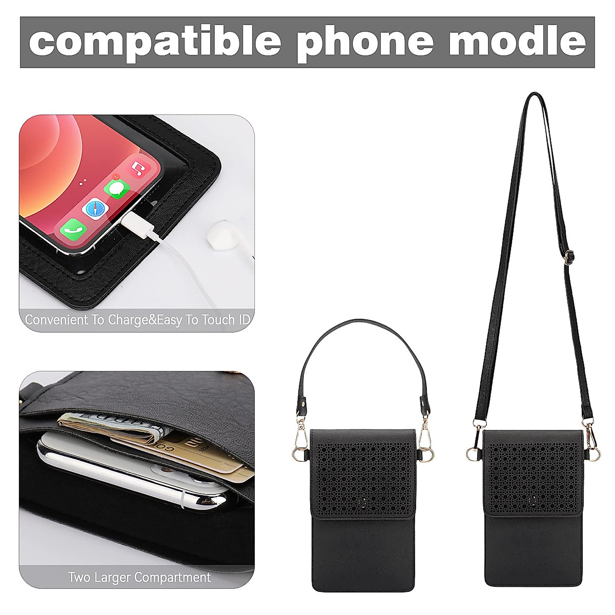 MILEGI Cell Phone Purse, Small Purses for Women Crossbody Touch Screen Purse Valentine's Day Bag for Her（Black）