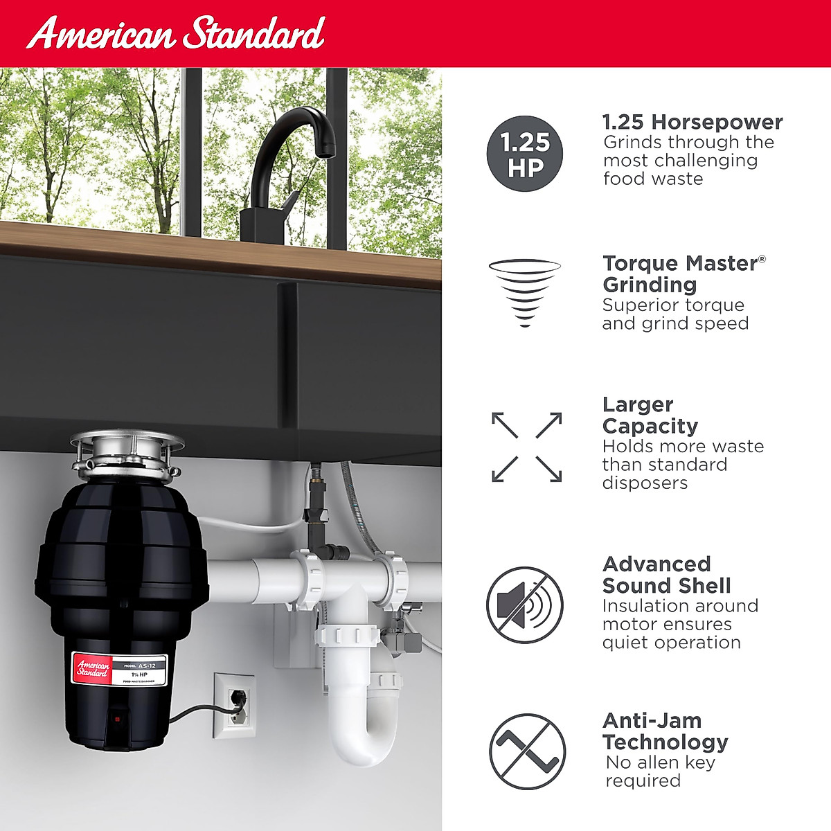 American Standard 10-US-AS-12 Garbage Disposer, 1.25 HP, Black