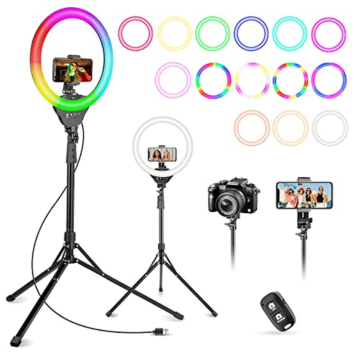 Aureday 12" Selfie Ring Light with Stand and Phone Holder, 15 Color RGB Ring Light with 62" Tripod, Dimmable LED Ringlight for Phone Photography, Live Stream, Creative Videos