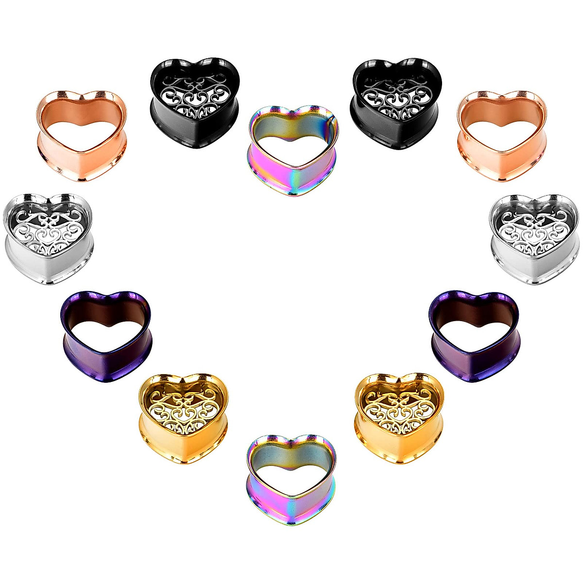 DERALA Stainless Steel Ear Tunnels 12pcs Hollow Heart Ear Gauges Stretcher Ear Piercing Expanders 00g