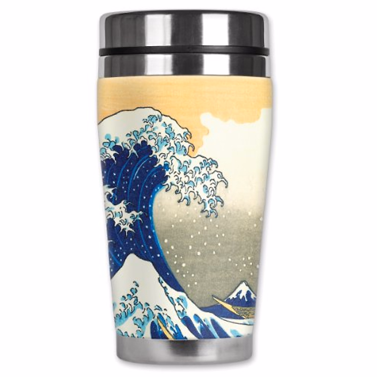 Mugzie Hokusai Great Wave Travel Mug with Insulated Wetsuit Cover, 16 oz, Black