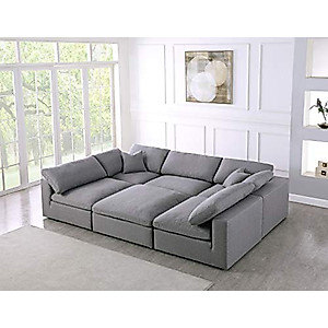 Meridian Furniture Serene Collection Modern | Contemporary Deluxe Comfort Modular Sectional, Soft Linen Textured Fabric, Down Cushions, 2 Corner + 3 Armless + 1 Ottoman, Grey