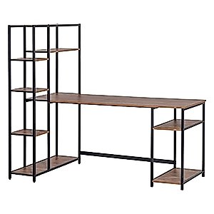 HOMCOM 67 Inch Home Office Computer Desk with Display Bookshelf, Industrial Writing Table with CPU Stand and Steel Frame, Black/Walnut